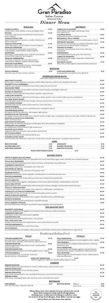 Gran Paradiso Dinner Menu - Gran Paradiso