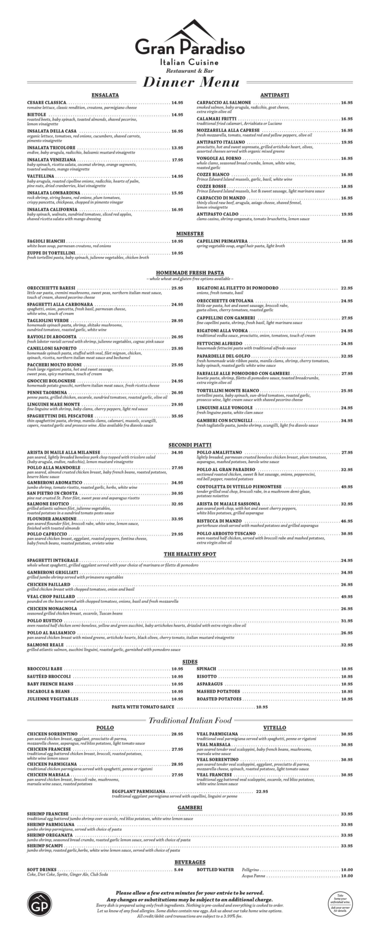 Gran Paradiso » Dinner Menu