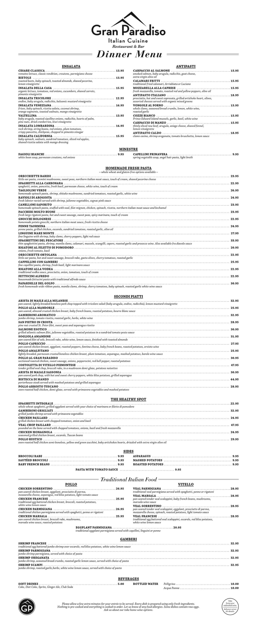 Gran Paradiso Dinner Menu - Gran Paradiso