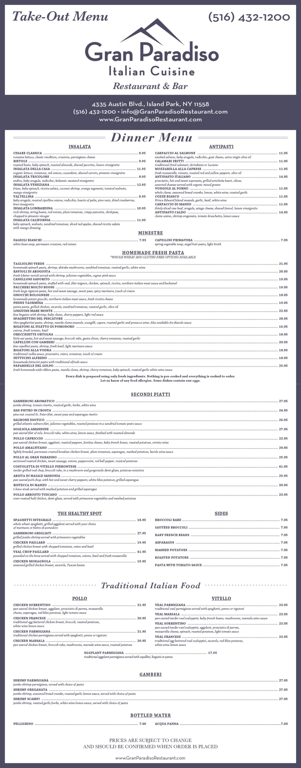 Gran Paradiso Take-out Menu - Gran Paradiso